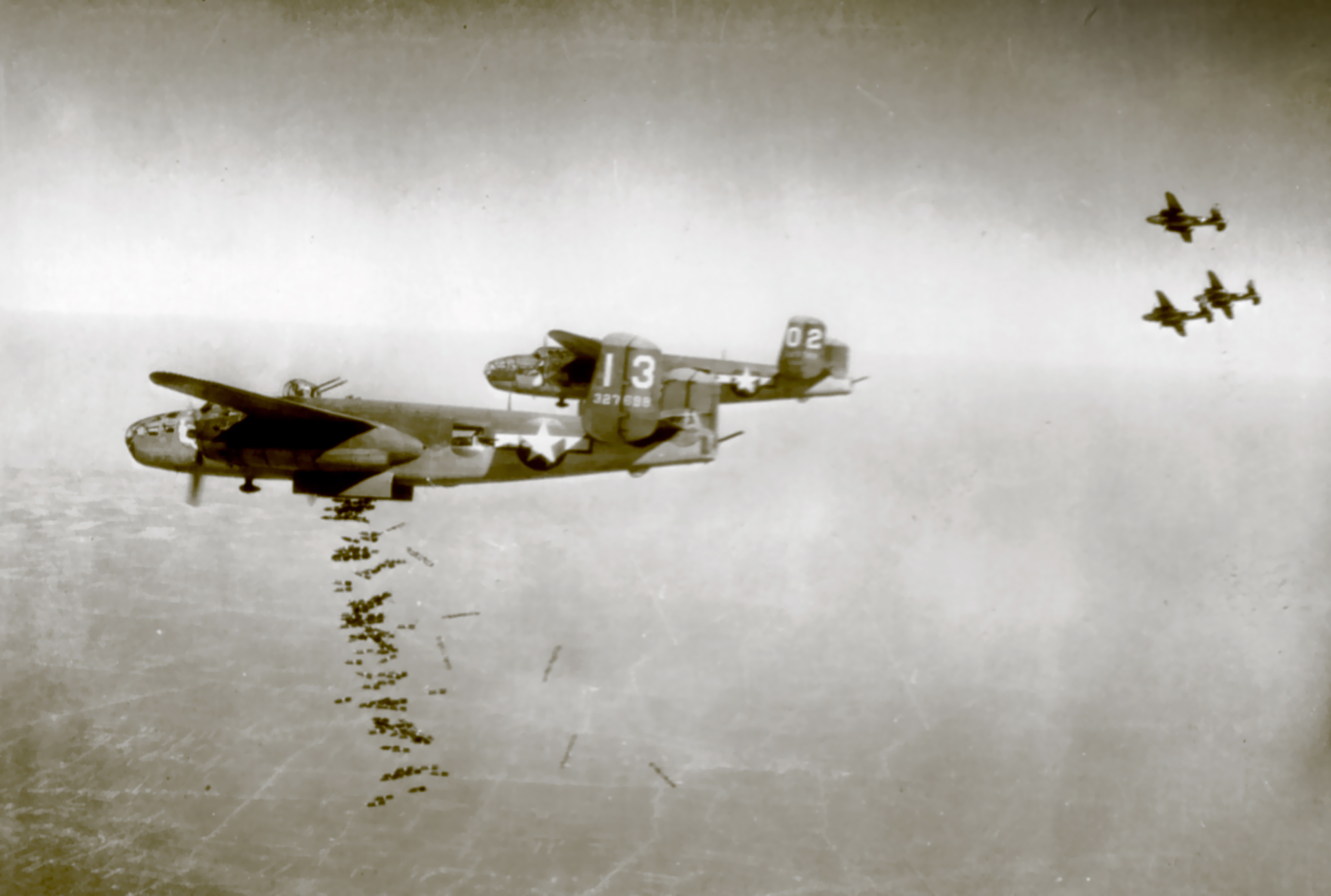 Asisbiz 43-27698 B 25J Mitchell 12AF 321BG445BS code 13 Peggy Lou over ...