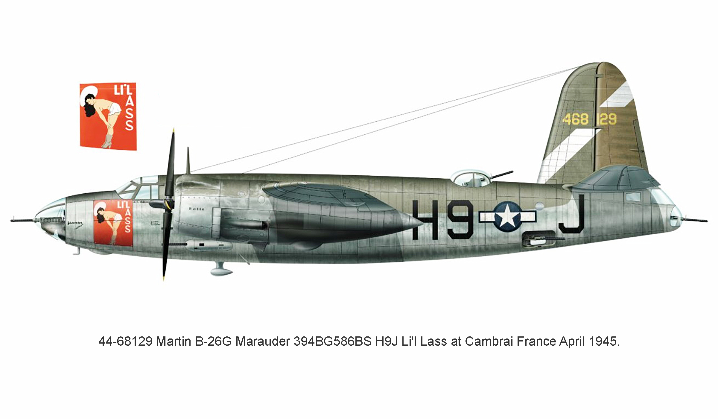 Asisbiz 44-68129 B-26G Marauder 9AF 394BG586BS H9J Li'l Lass at Cambrai ...