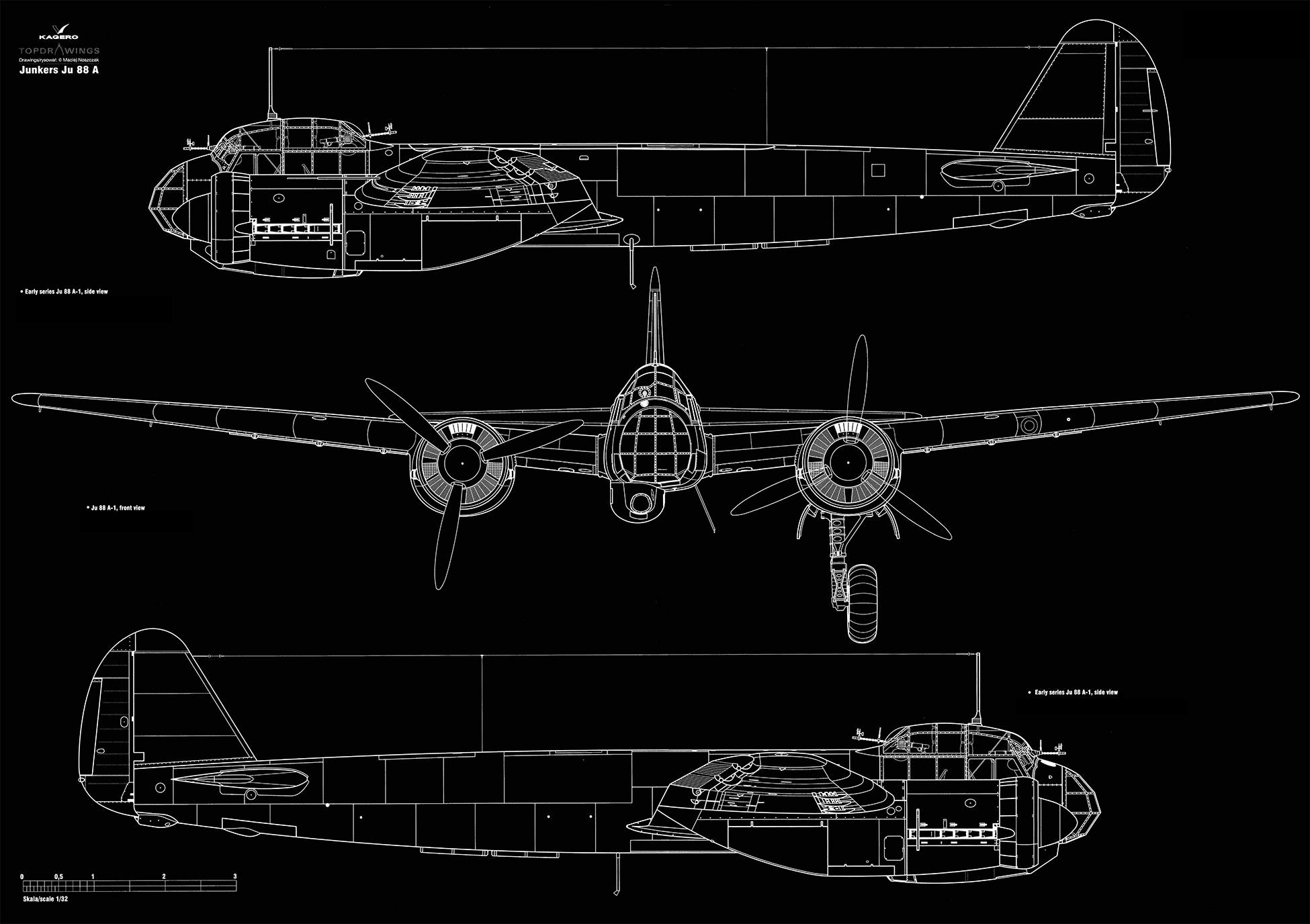 Artwork by Kagero blue print 1.72 scale Junkers Ju 88 A 1 side view 0B